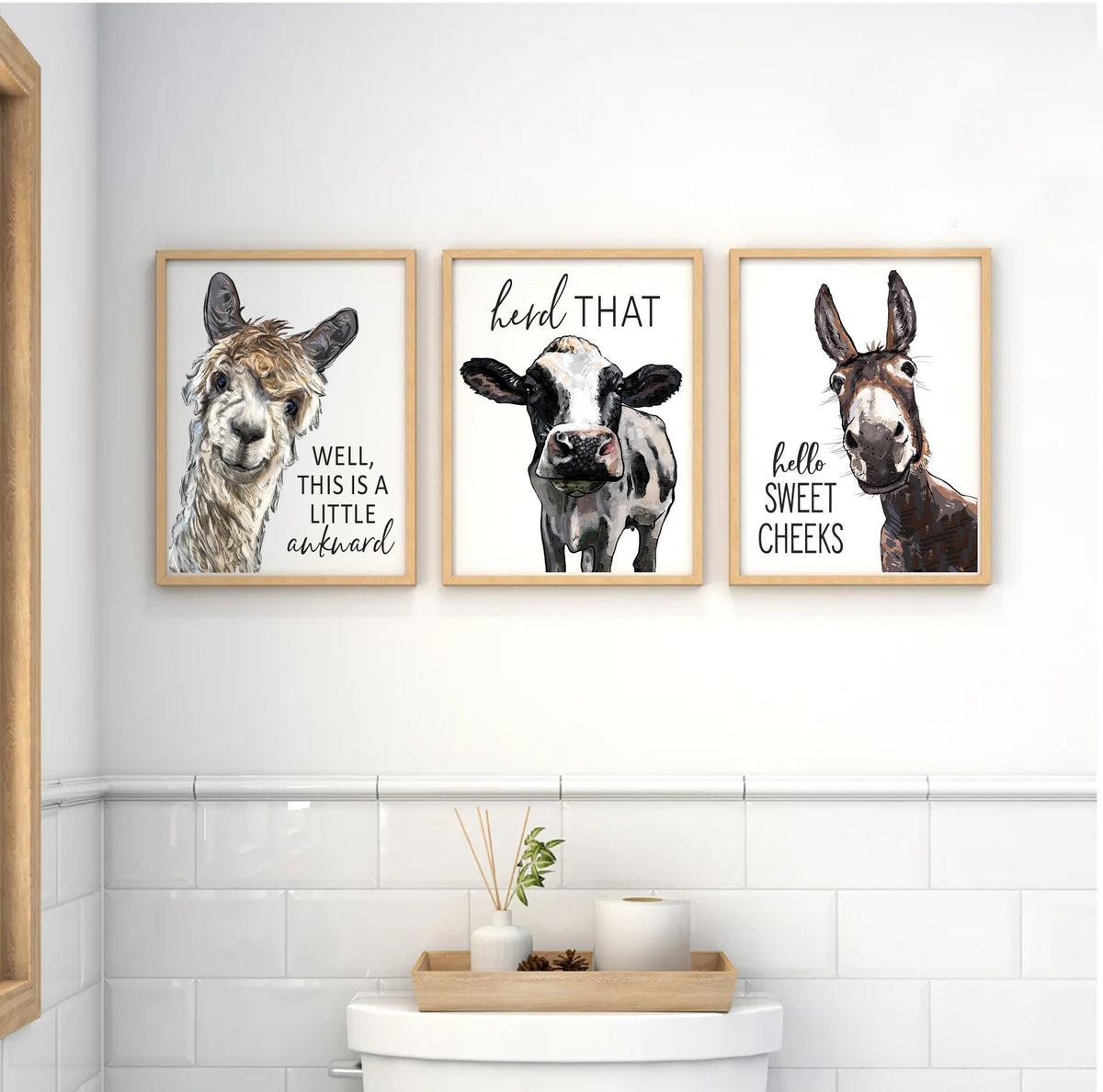 Set of 3 Custom Bathroom Prints: Llama, Cow, & Donkey | Bathroom Wall ...